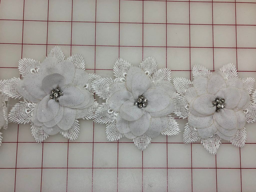 Applique - White 3D Lace Flower Motifs with Crystal Rhinestone Centers ...